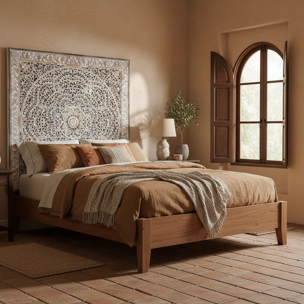 Carved Bed Headboard 'Malawi' - Antic Wash – Kulture Home Decor USA